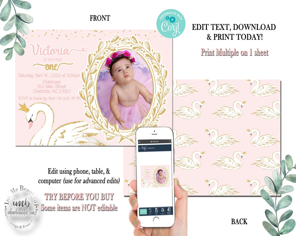 EDITABLE Swan Invitation| Swan Invite| Dove Baby Shower| |swan Birthday ...