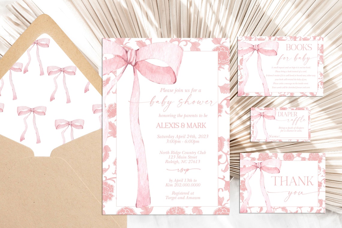 EDITABLE Pink Bow Invitation for Baby Shower, Minimalist Baby Shower ...