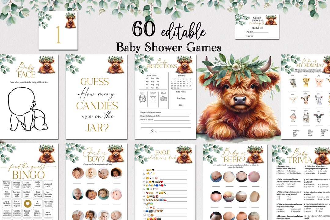 EDITABLE Boho Highland Cow Baby Shower Games Bundle Holy Cow Games Pack ...