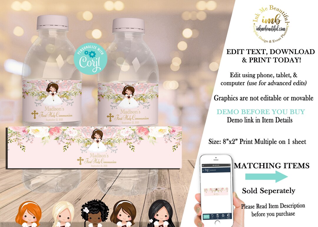 EDITABLE First Holy Communion Water Bottle Label | Floral | Blush Pink ...
