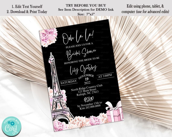 EDITABLE Bridal Shower Paris Theme Invitation | Bridal Shower | Floral ...