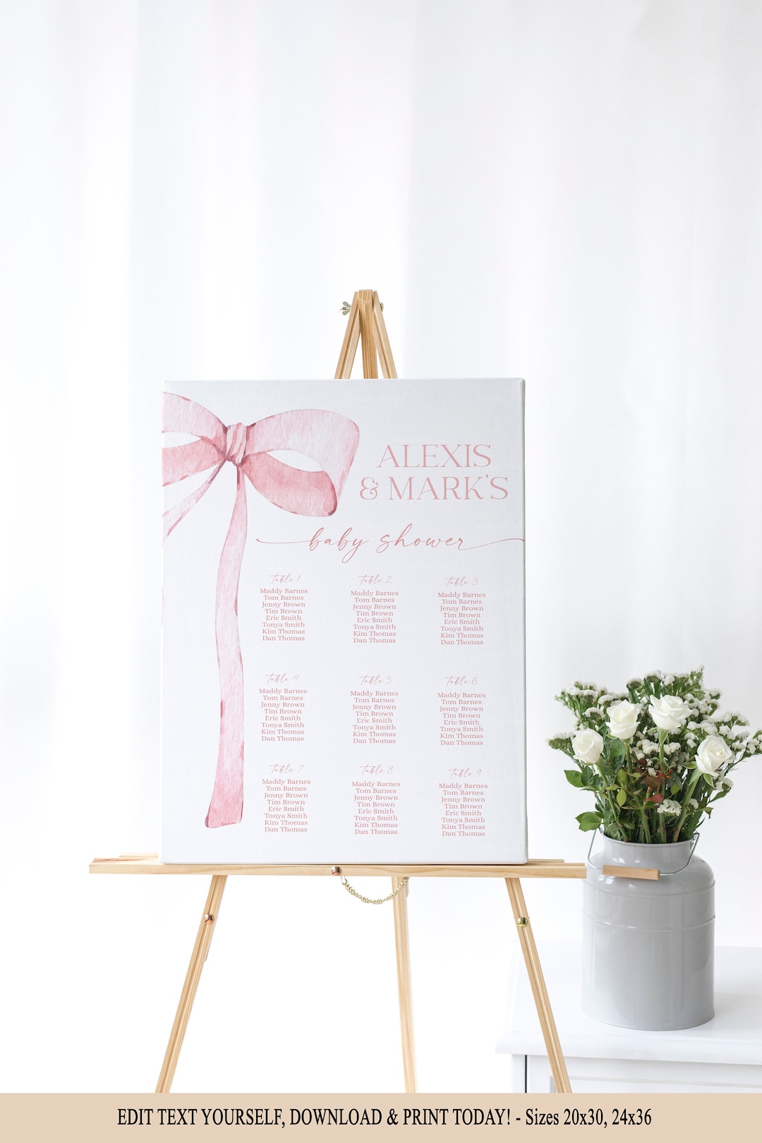 EDITABLE Pink Bow Seating Chart Baby Shower Bridal Shower, Minimalist ...