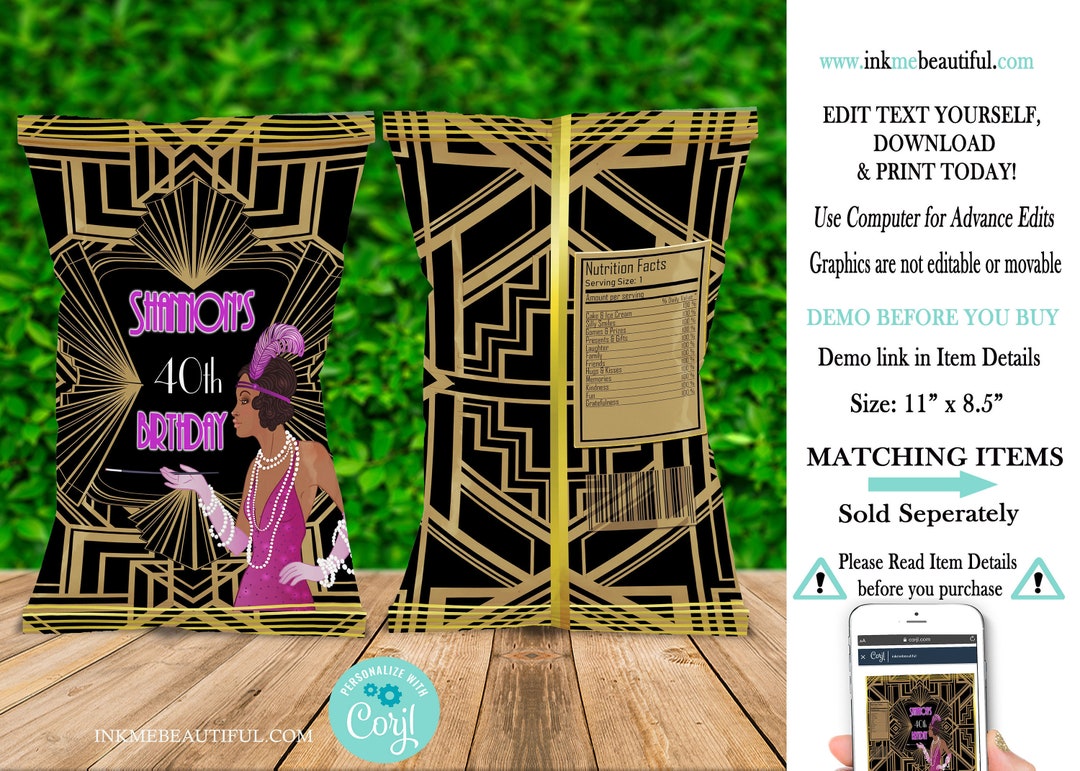 EDITABLE Great Gatsby Chip Bag | Purple and Gold | Themed Party ...