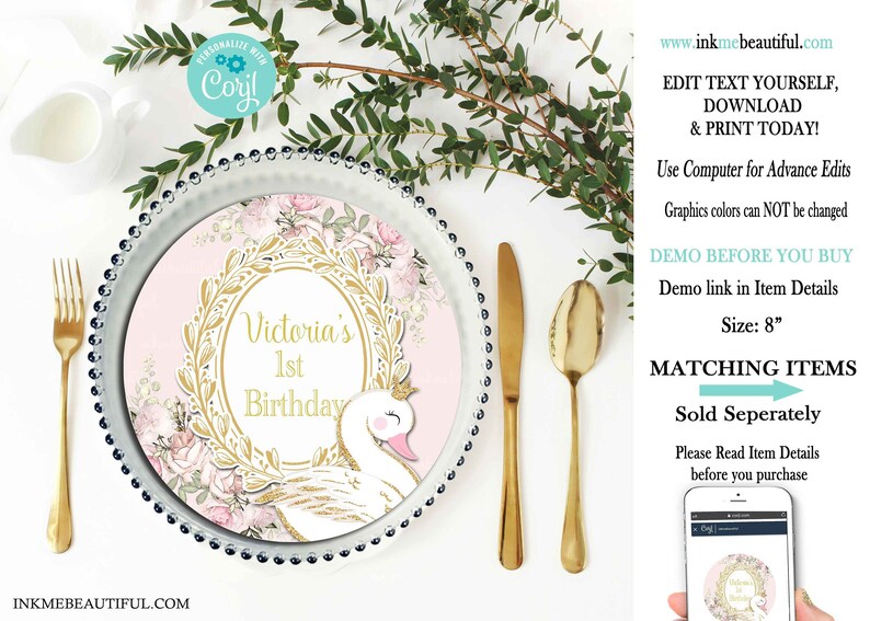 EDITABLE Swan Charger Plate Insert |dove Baby Shower| |swan Birthday ...