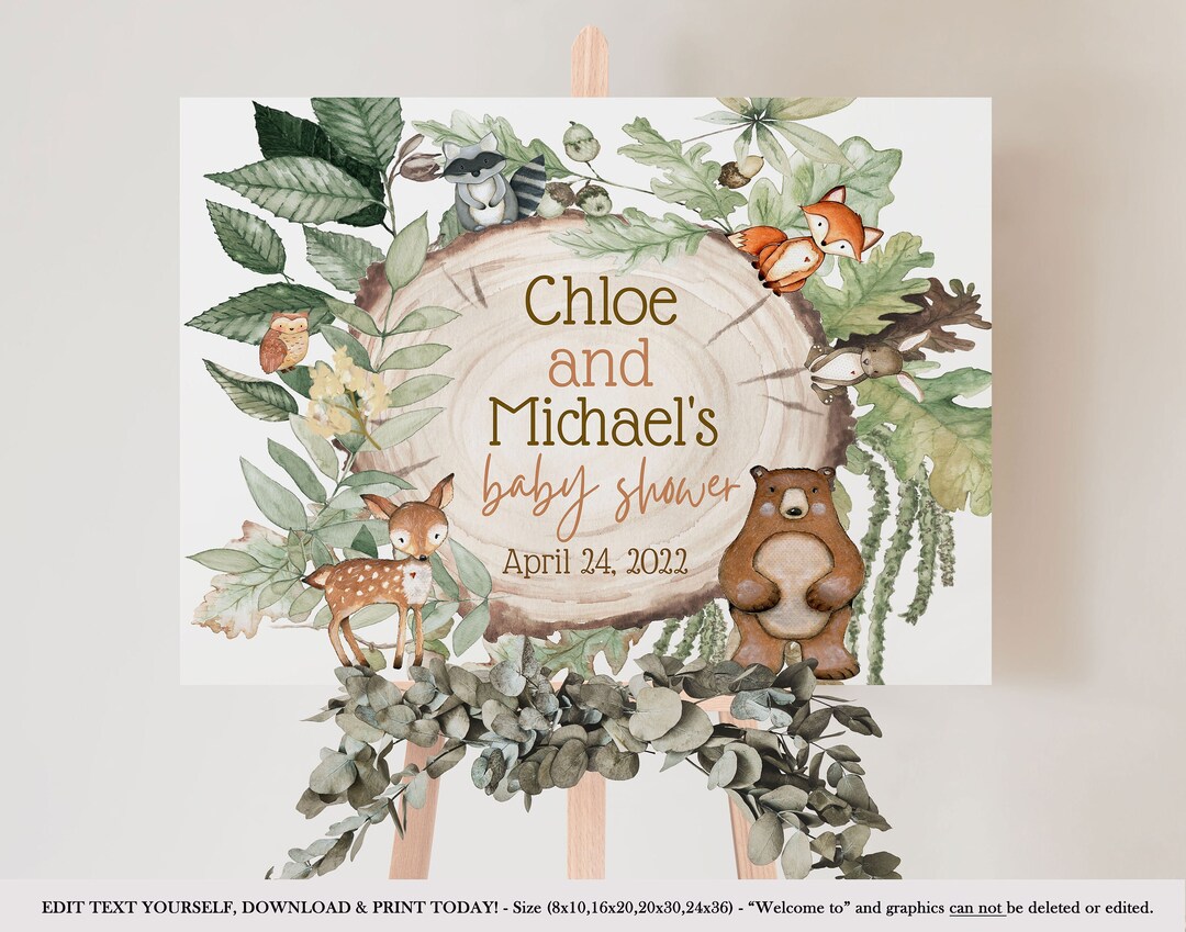 EDITABLE Woodland Animals Welcome Sign Baby Shower - Etsy
