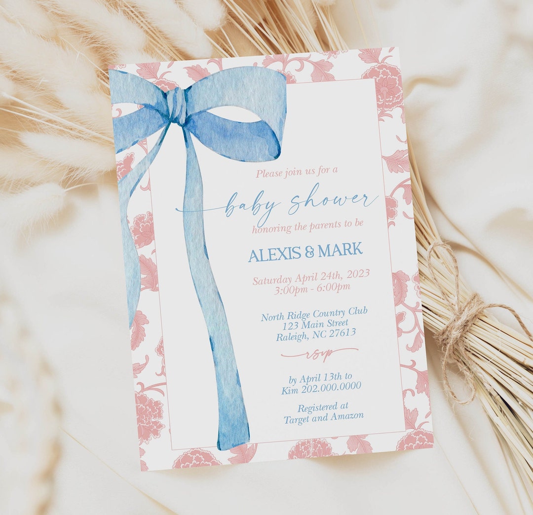 EDITABLE Pink Bow Invitation for Baby Shower, Blue Bow Pink Chinoiserie ...