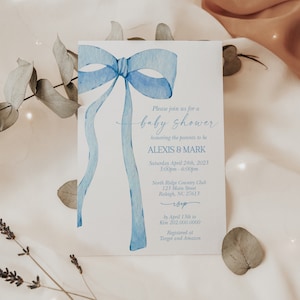 EDITABLE Blue Bow Invitation for Baby Shower Invite , Minimalist Baby ...