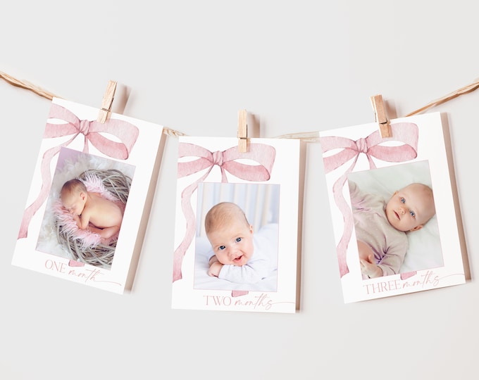 EDITABLE Pink Bow Milestone Banner, 12 Months, Minimalist Baby Shower ...