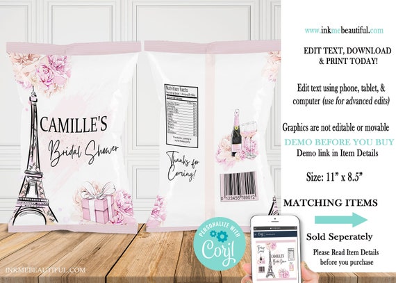 EDITABLE Paris Theme Chip Bag, Pink, Parisian Themed, Baby Shower ...