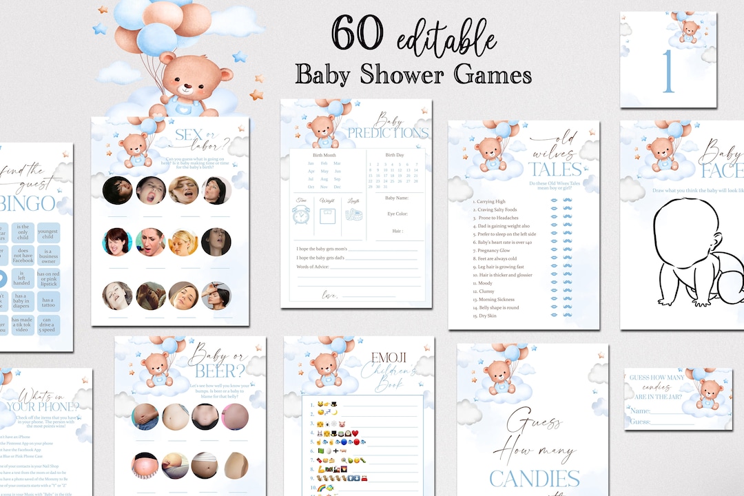 EDITABLE Blue Teddy Bear Baby Shower Games Bundle Watercolor Teddy Bear ...