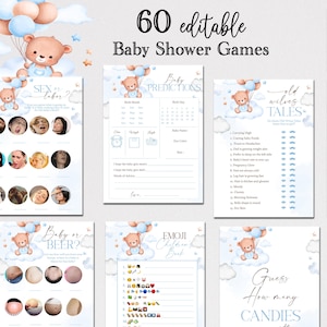 EDITABLE Blue Teddy Bear Baby Shower Games Bundle Watercolor Teddy Bear ...