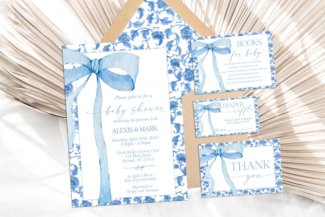 EDITABLE Blue Bow Invitation for Baby Shower Invite Bundle, Minimalist ...