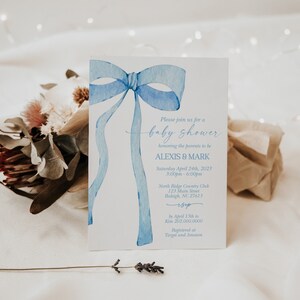 EDITABLE Blue Bow Invitation for Baby Shower Invite , Minimalist Baby ...