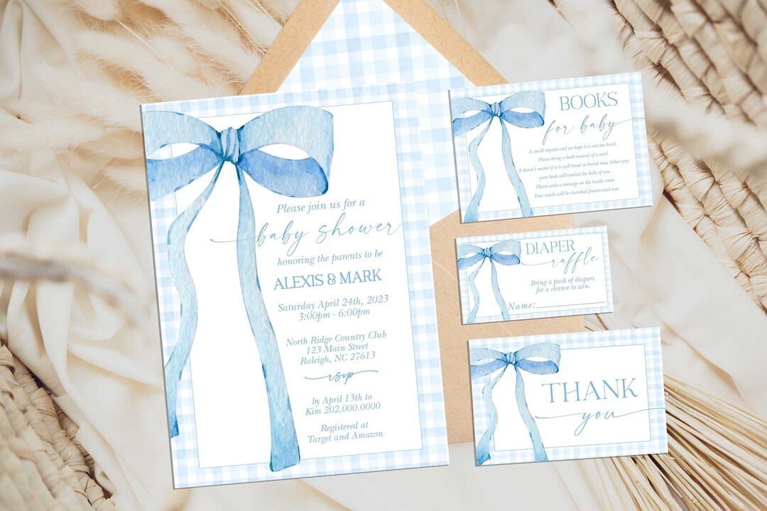 EDITABLE Blue Gingham Invitation for Baby Shower Invite Bundle ...