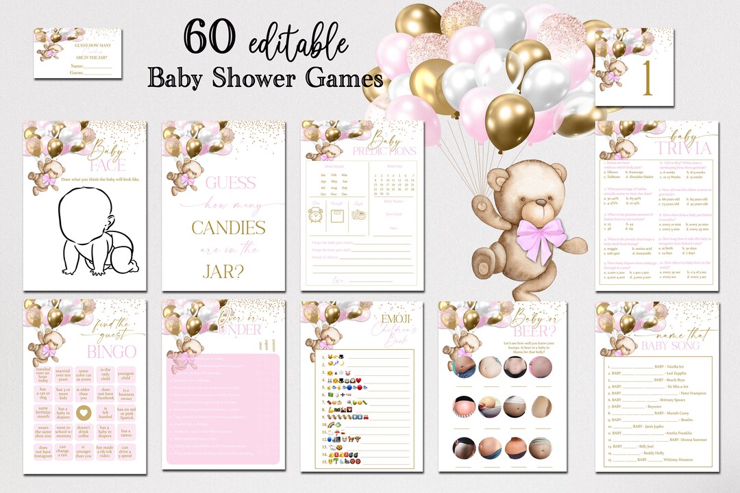 EDITABLE Pink Teddy Bear Baby Shower Games Bundle | Teddy Bear Shower ...