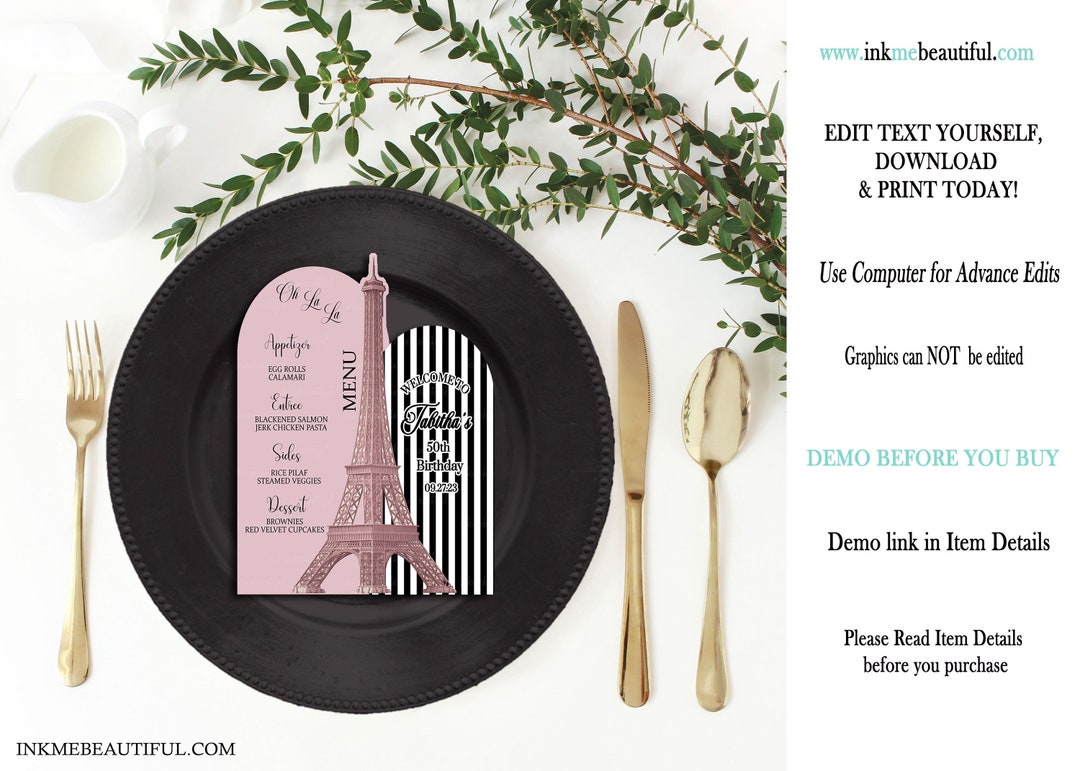 EDITABLE Paris Pink | Arch Menu | Charger Plate Insert | Pink and Black ...