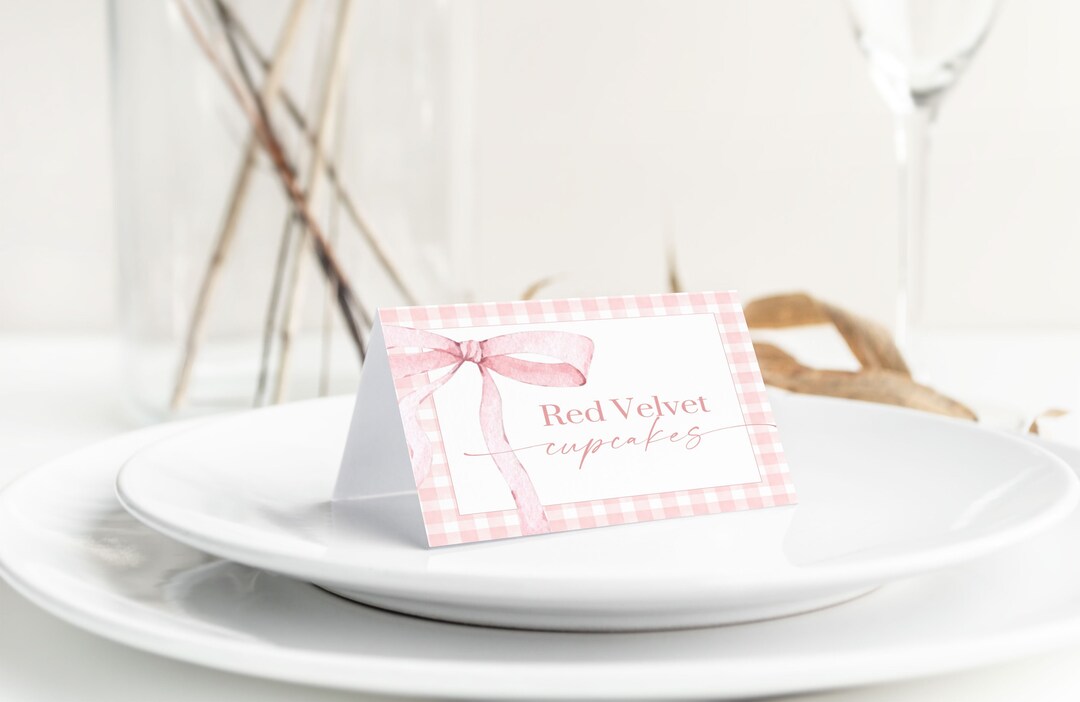 EDITABLE Gingham Pink Bow Tent Card Food Labels Baby Shower Baby Shower ...