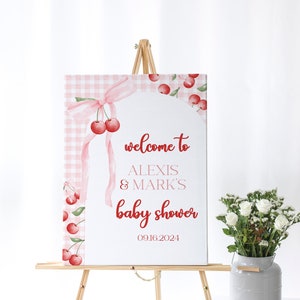 EDITABLE Pink Gingham Cherry Welcome Sign for Baby Shower Invite Bundle ...