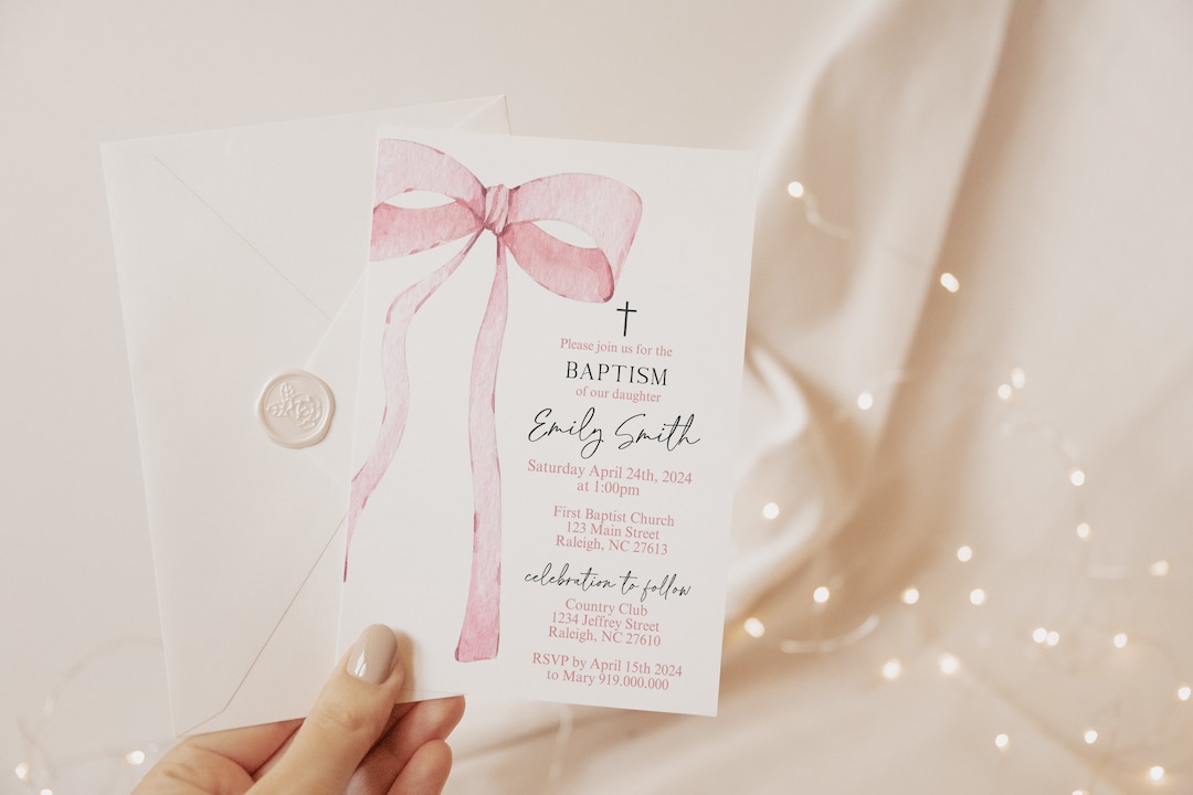 EDITABLE Pink Bow Baptism Invitation, Holy Communion Christening Invite ...
