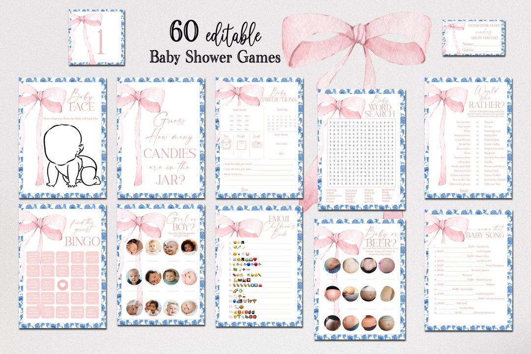 EDITABLE Blue Chinoiserie Games Baby Shower Games Bundle, Gender ...