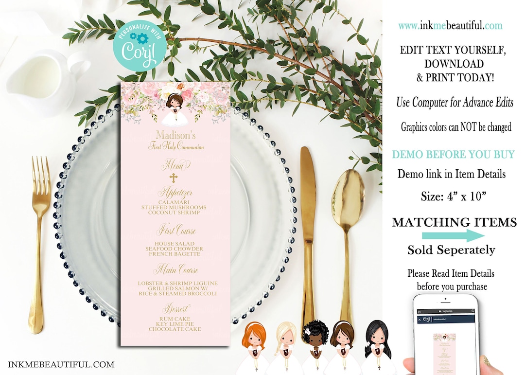 EDITABLE First Holy Communion Menu | Chips | Favor | Invitation| Floral ...