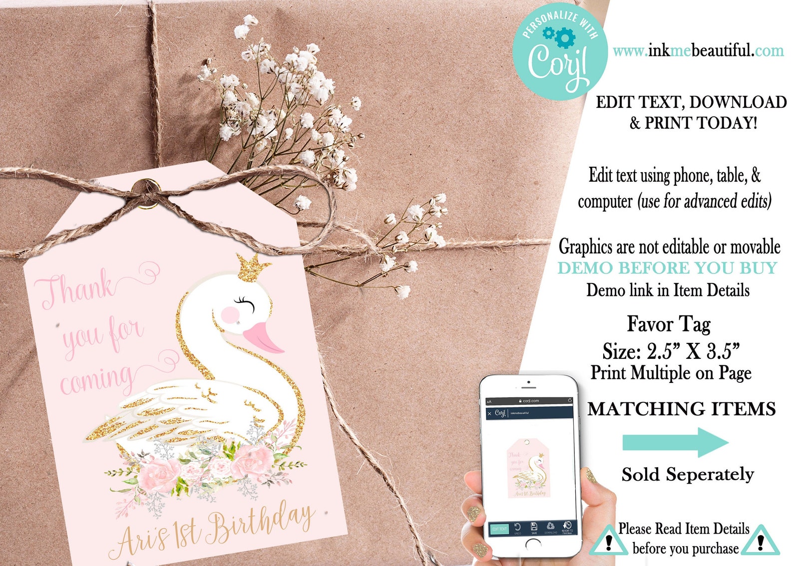 EDITABLE Swan Thank You Tag | Favor Tag| Dove Baby Shower |swan ...
