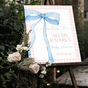 EDITABLE Pink and Blue Gingham Welcome Sign for Baby Shower, Baby ...