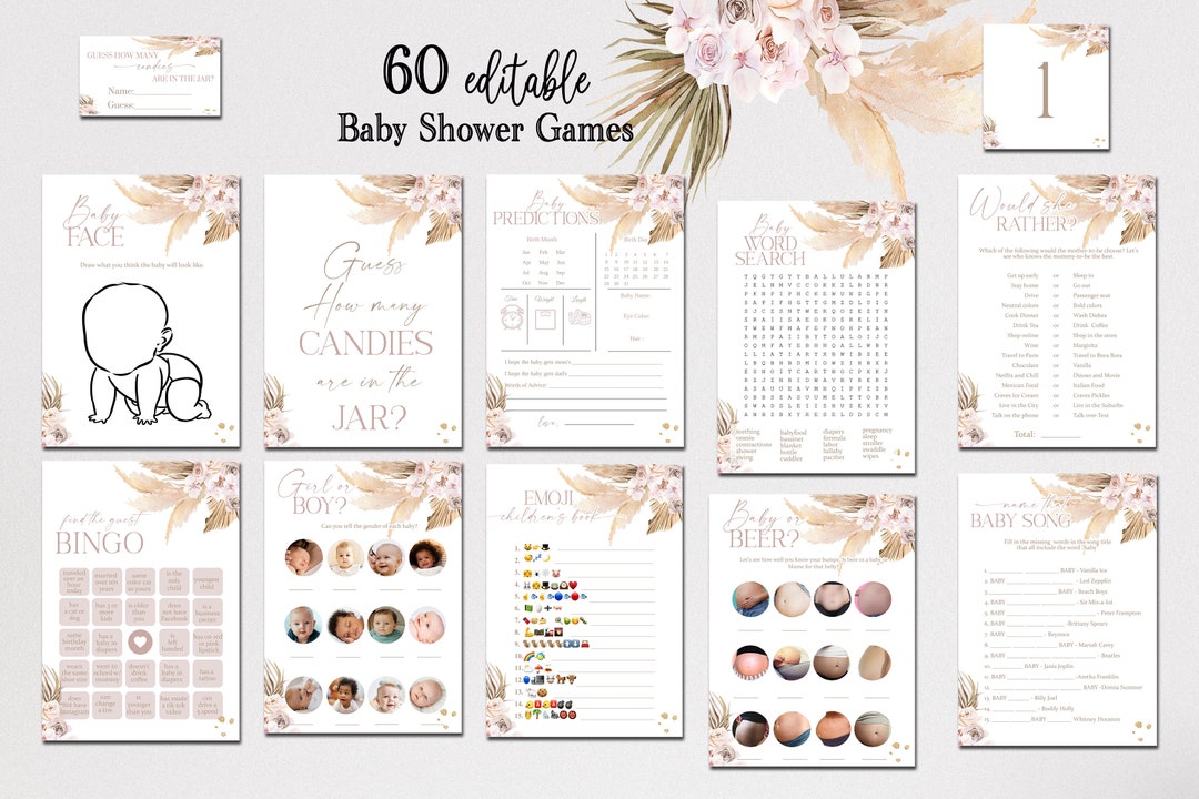 EDITABLE Pampas Grass Baby Shower Games Blush Pink Boho Baby Shower ...