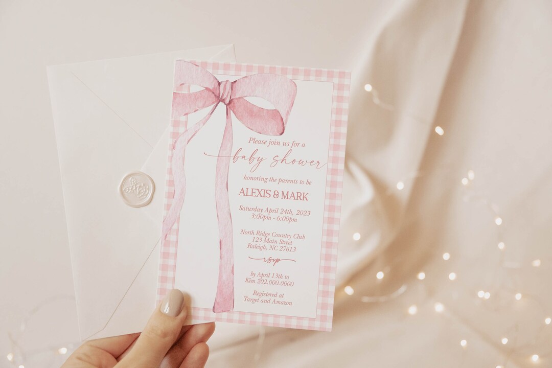 EDITABLE Pink Gingham Invitation for Baby Shower, Minimalist Baby ...