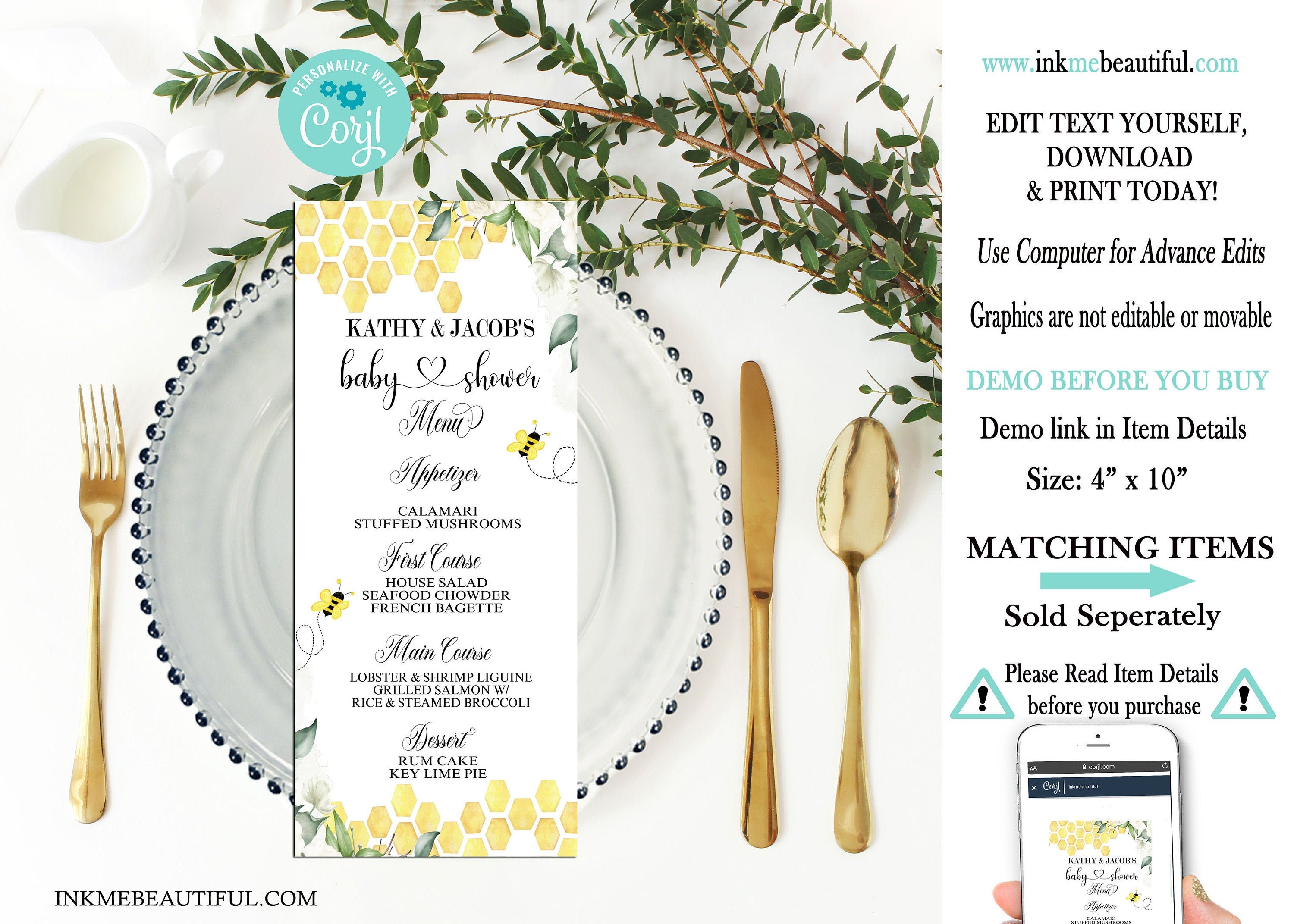 DIGITAL FILE Bee theme Menu Invitation Bumble Bee Theme | Etsy