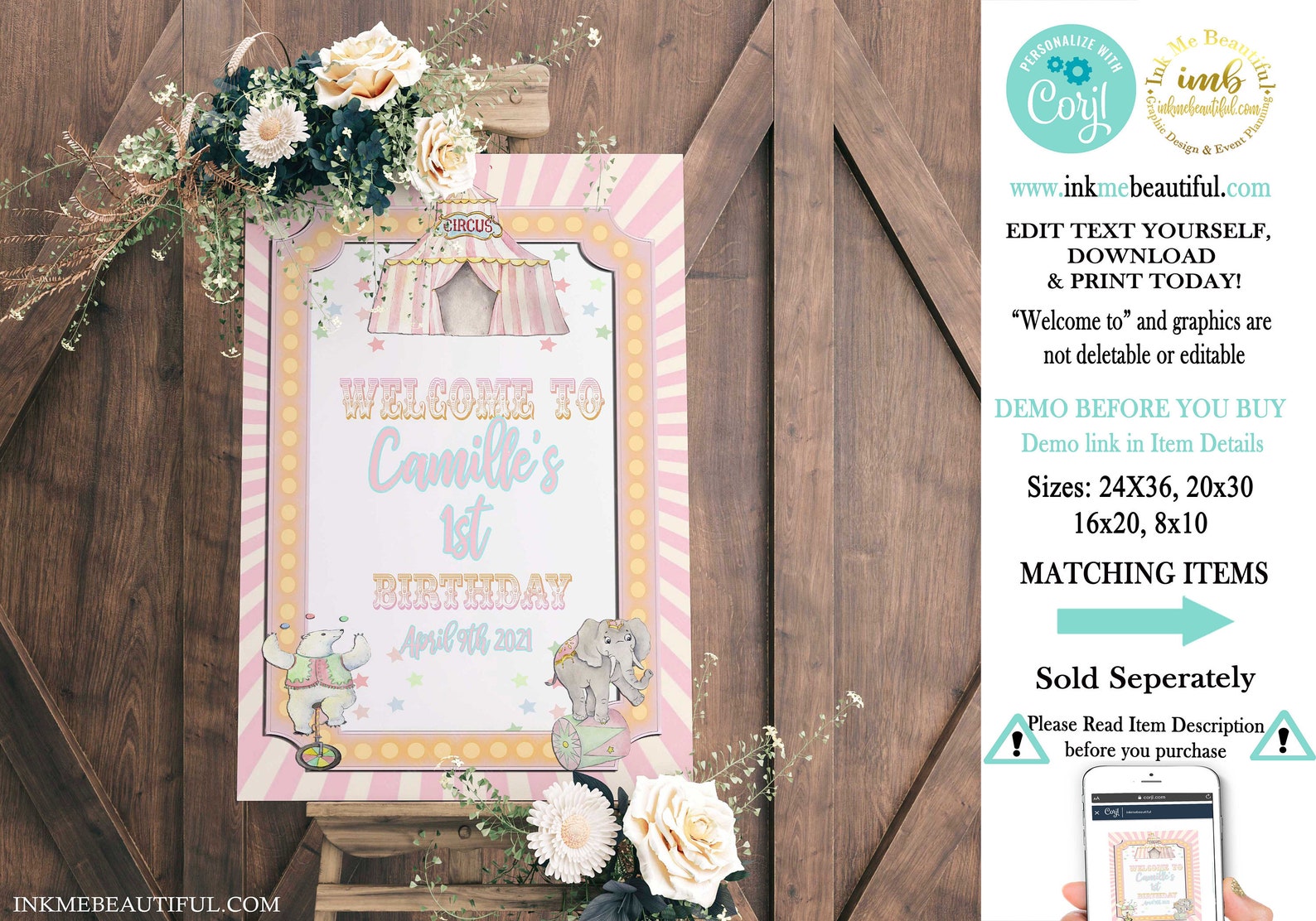 EDITABLE Carousel First Birthday Welcome Sign | Carnival Birthday Sign ...