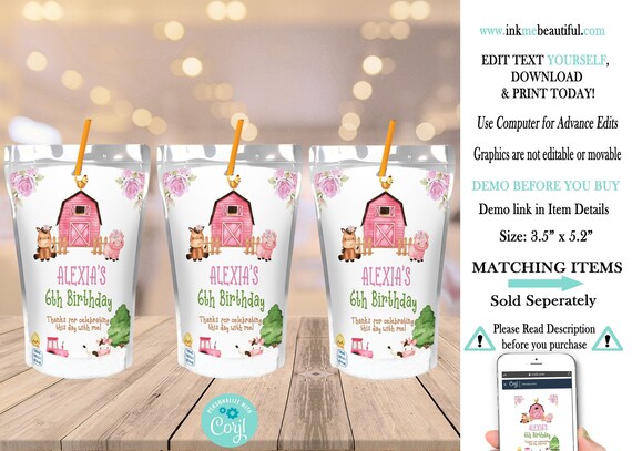 EDITABLE Pink Farm Juice Label Cow Girl Party Farm - Etsy
