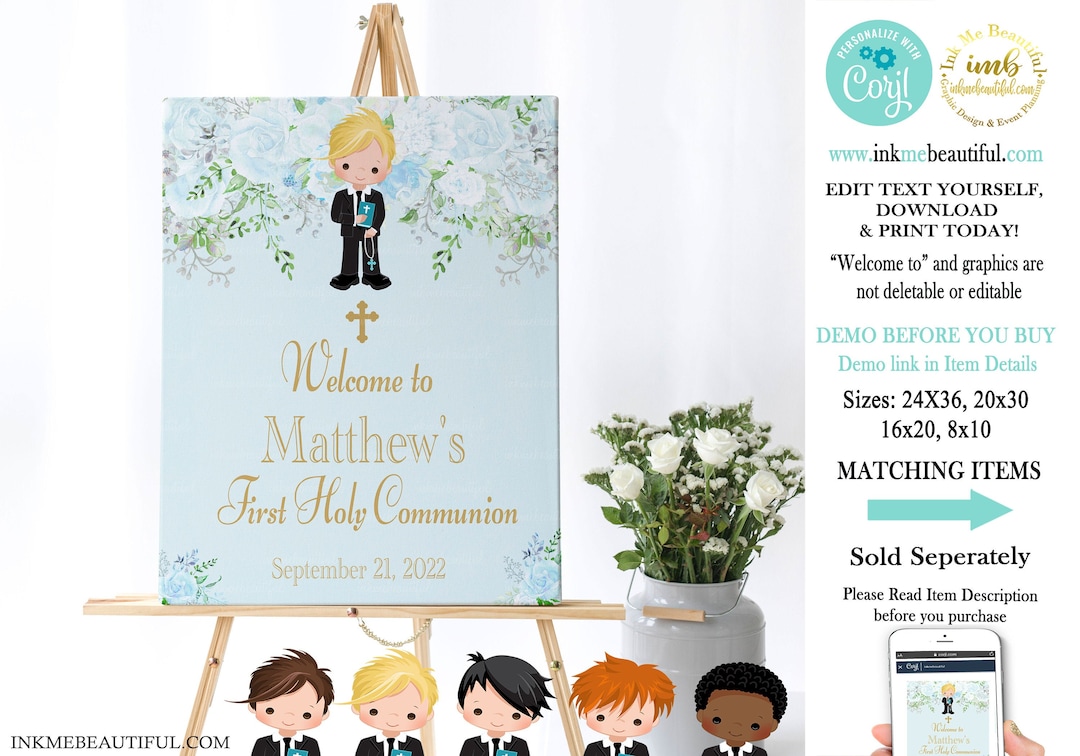 EDITABLE First Holy Communion Welcome Sign | Watercolor Floral | Baby ...