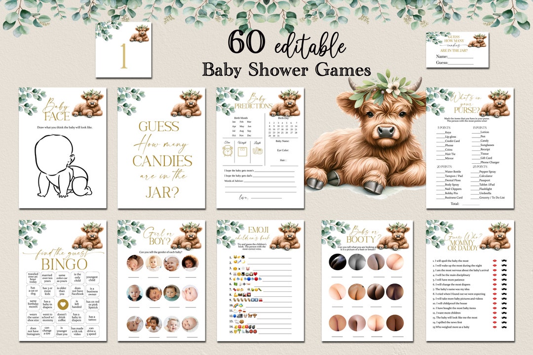 EDITABLE Boho Highland Cow Baby Shower Games Bundle Holy Cow Games Pack ...