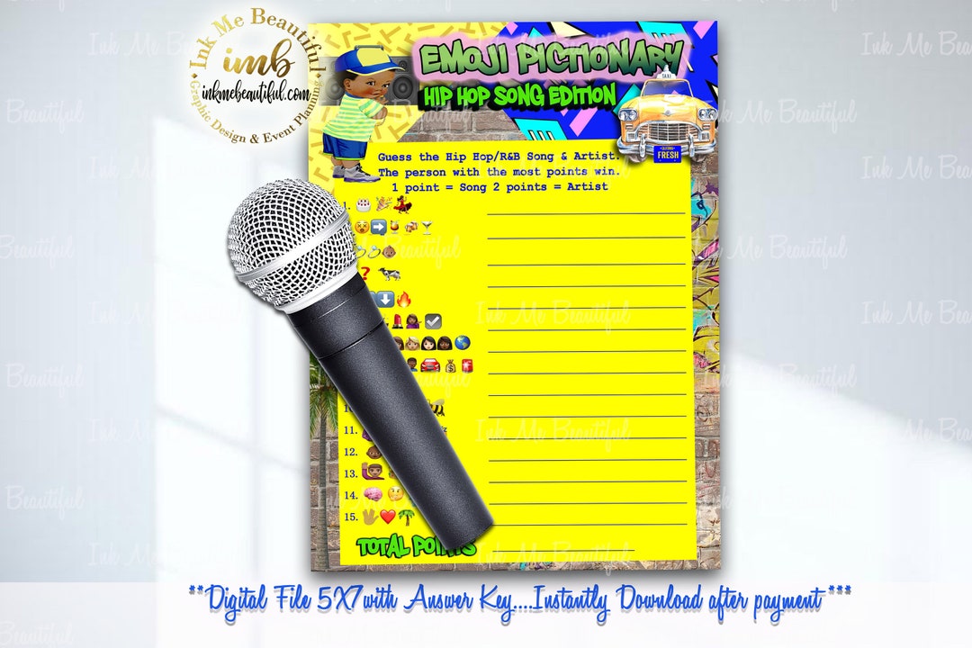 DIGITAL FILE Emoji Pictionary Hip Hop Songs , 5x7, Hip Hop, Baby Shower ...