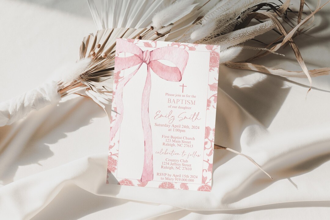 EDITABLE Pink Bow Baptism Invitation, Holy Communion Christening Invite ...