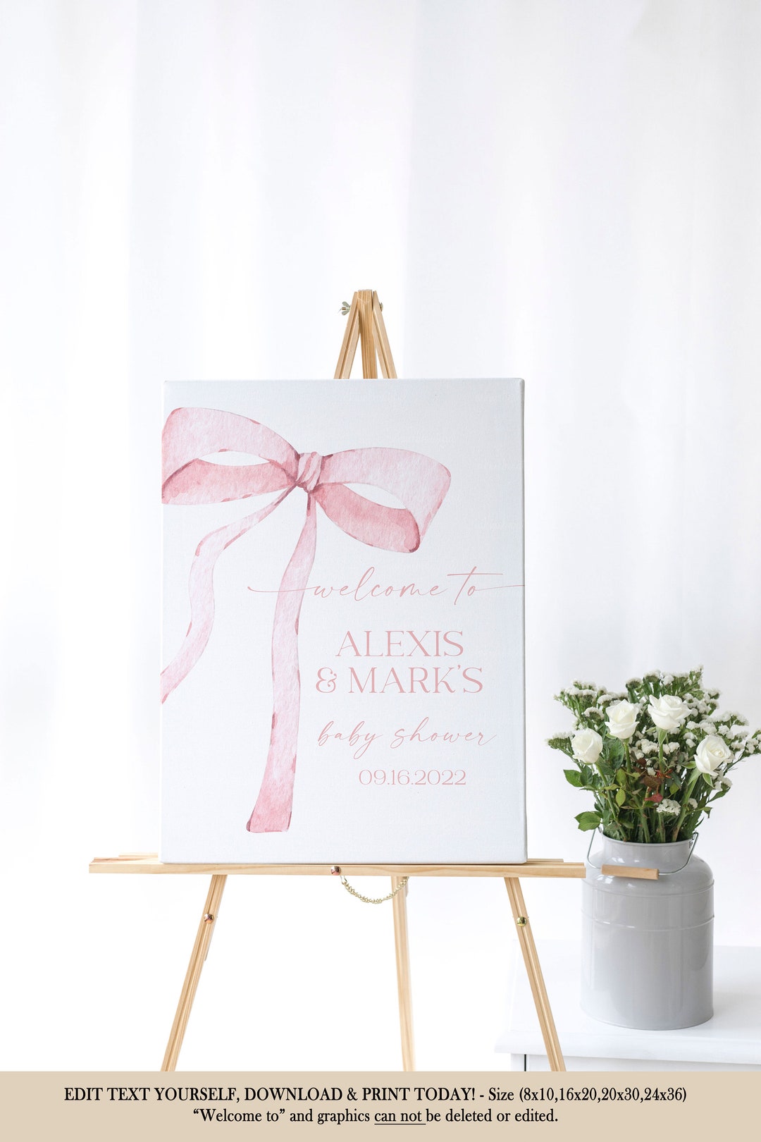 EDITABLE Pink Bow Welcome Sign for Baby Shower, Minimalist Baby Shower ...
