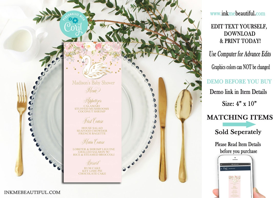 EDITABLE Swan Menu | Dove Baby Shower| | Swan Party Printables ...
