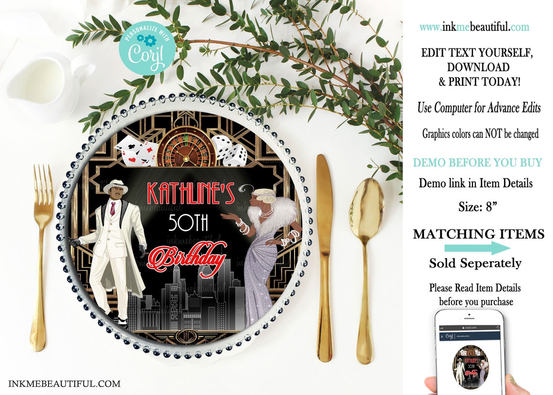 EDITABLE Great Gatsby Charger Plate Insert Casion Theme - Etsy