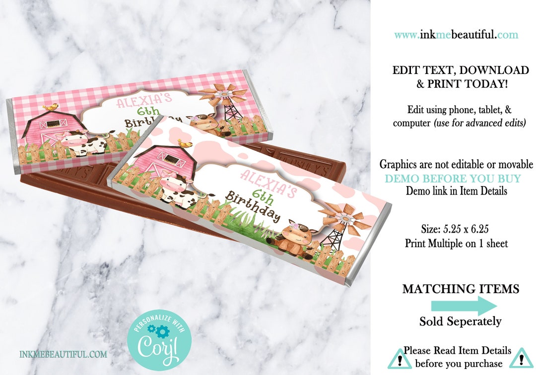 EDITABLE | Pink Farm Candy Bar | Cow Girl Party | Farm Animal | Theme ...