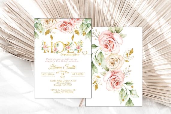 Editable Blush Pink Flower Holy Communion Invite | Bohemian | 1st Birthday Invitation | Blush ...