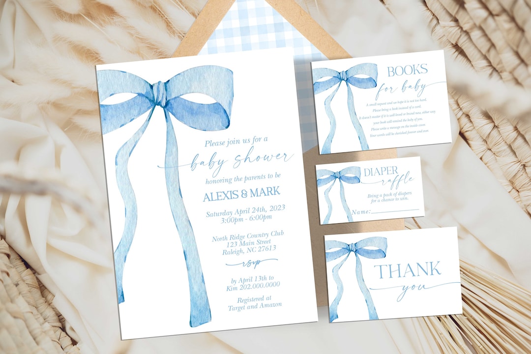 EDITABLE Blue Bow Invitation for Baby Shower Invite Bundle, Minimalist ...