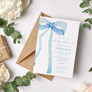 EDITABLE Blue Bow Invitation for Baby Shower Invite , Minimalist Baby ...