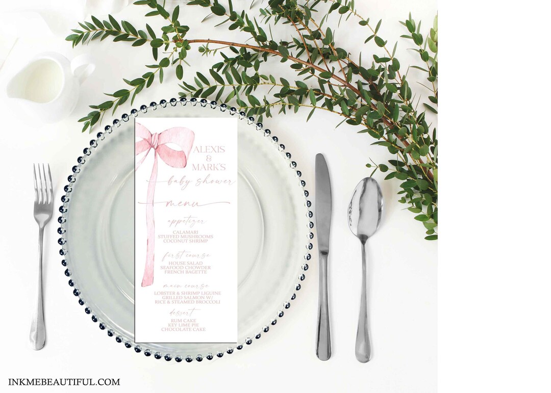 EDITABLE Pink Bow Menu for Baby Shower, Minimalist Baby Shower Pink ...