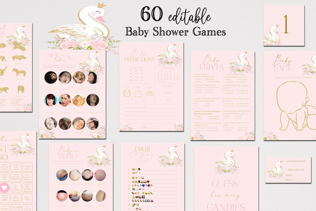 EDITABLE Swan Baby Shower Games Bundle, Dovminimalist Baby Shower ...