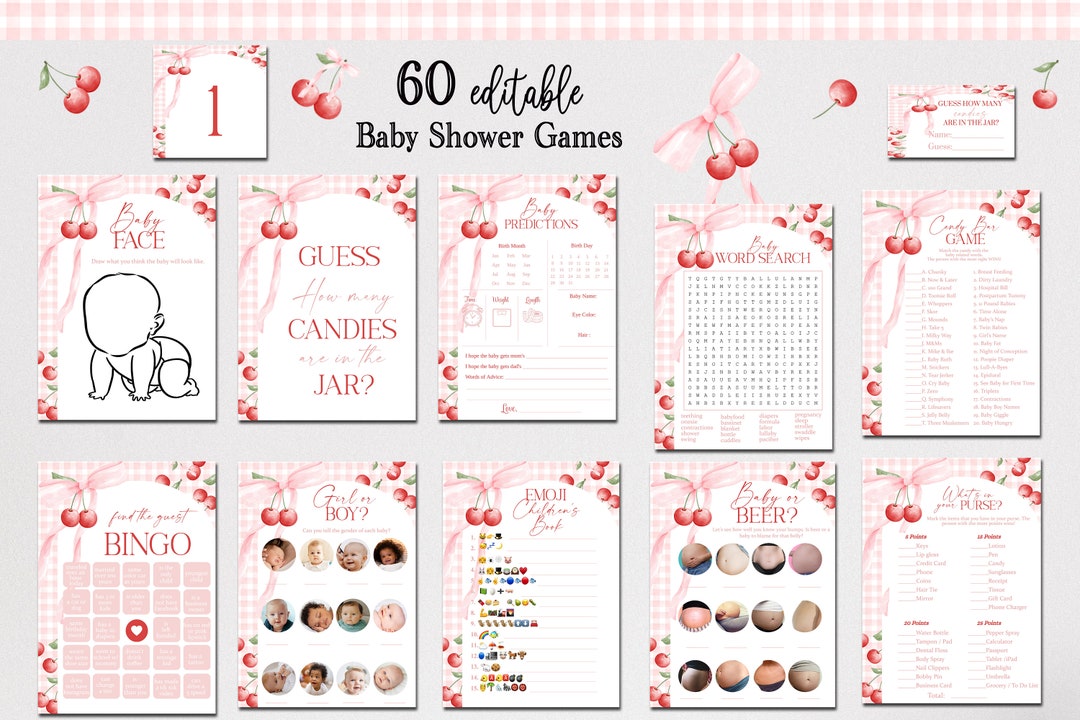 EDITABLE Cherry Baby Shower Games Bundle Pink Gingham Cherry on Top ...