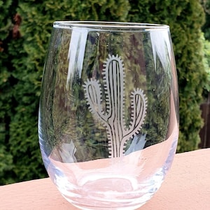 Etched Cactus Wine Glass, Saguaro Glass, Etched Barware, Stemless Wine ...