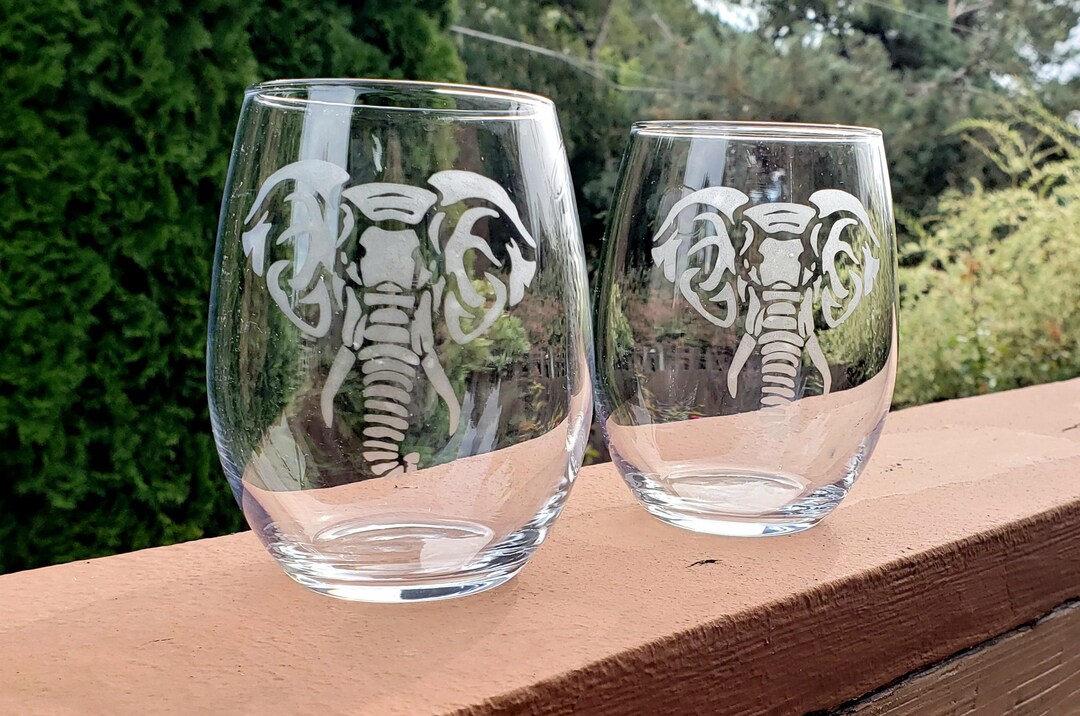 Etched Elephant Wine Glass Set: Stemless Barware, Gift for Wine Lovers ...