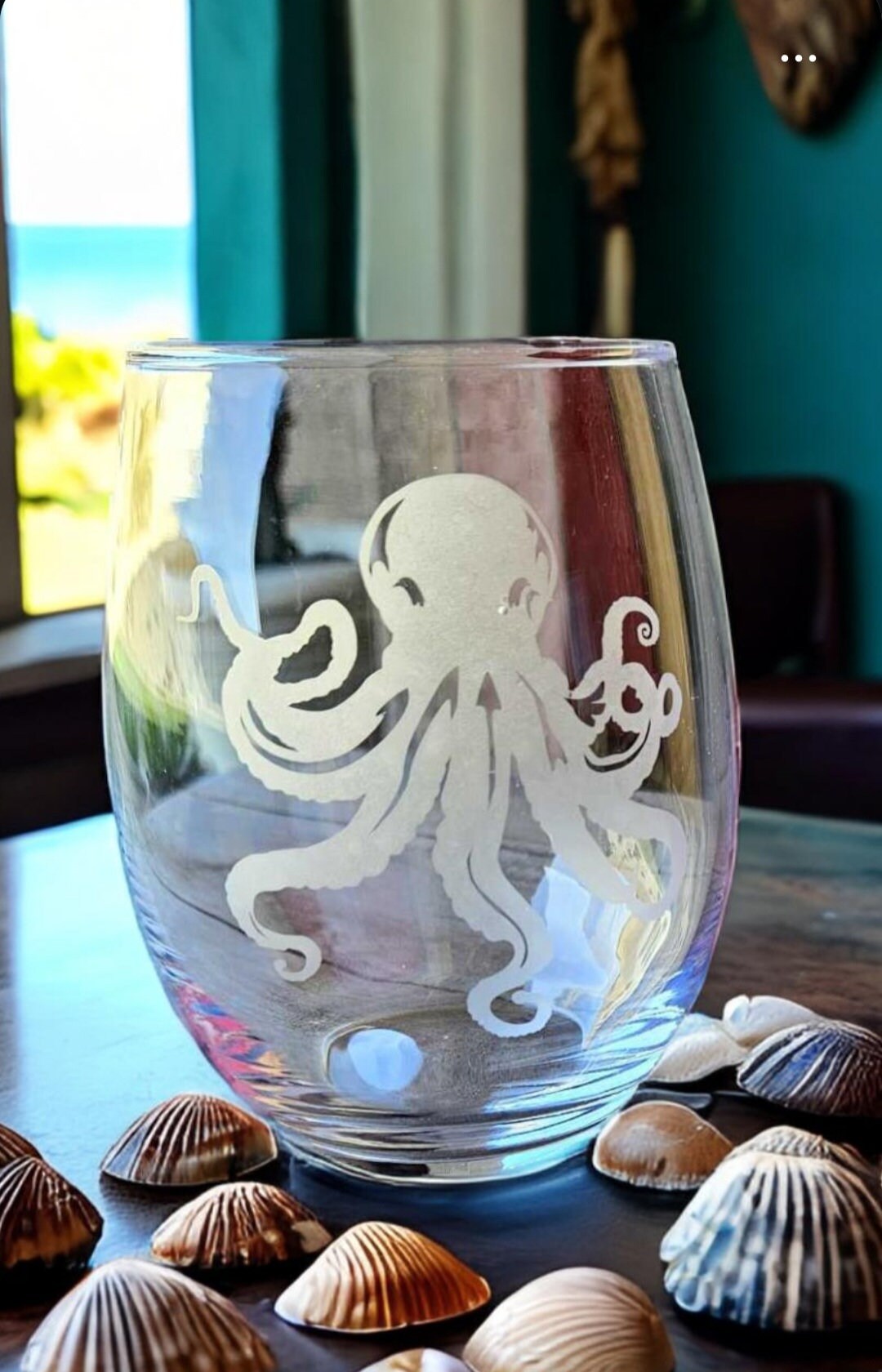Octopus Wine Glass, Etched Octopus, Ocean Life, Stemless Barware ...