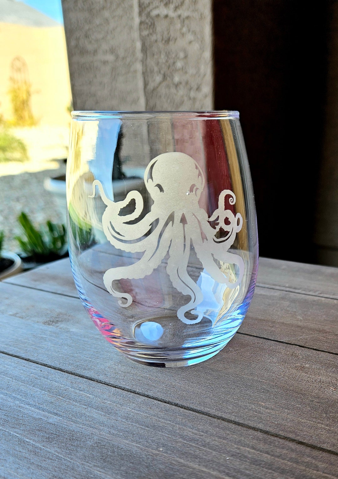Octopus Wine Glass, Etched Octopus, Ocean Life, Stemless Barware ...